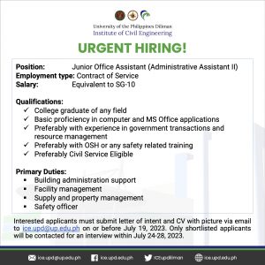 Job Vacancy – Junior Office Assistant – UP Institute of Civil Engineering